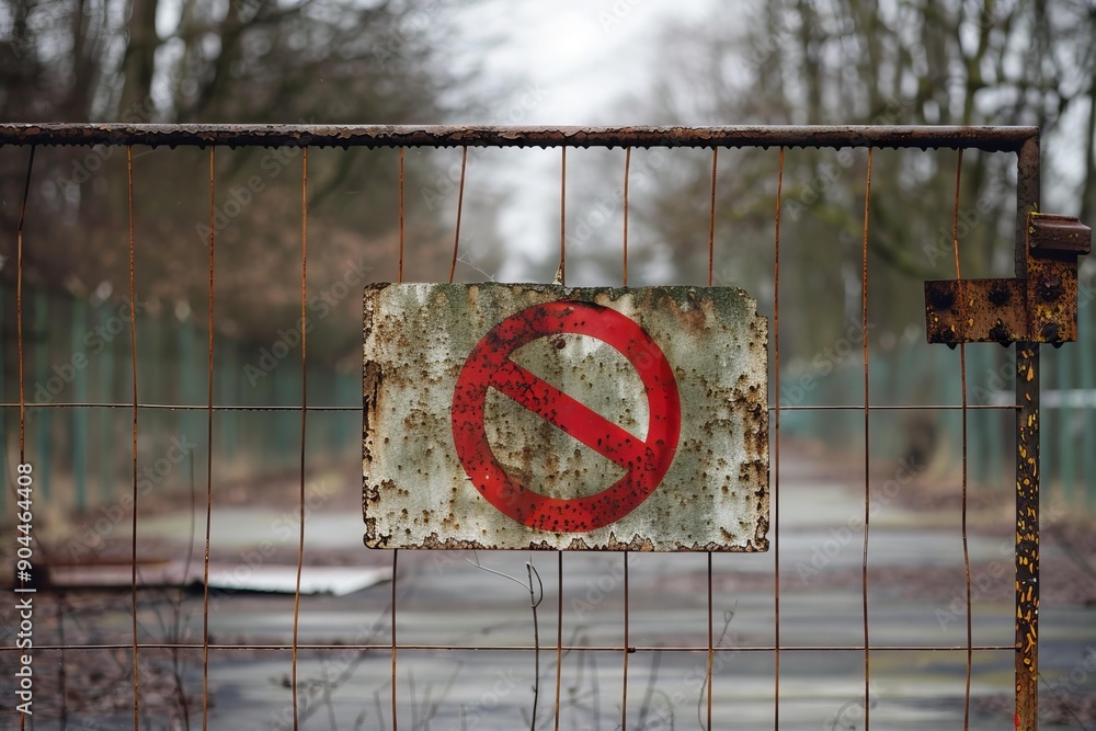 Rusty no entry sign hanging from an old metal gate with a blurred ...