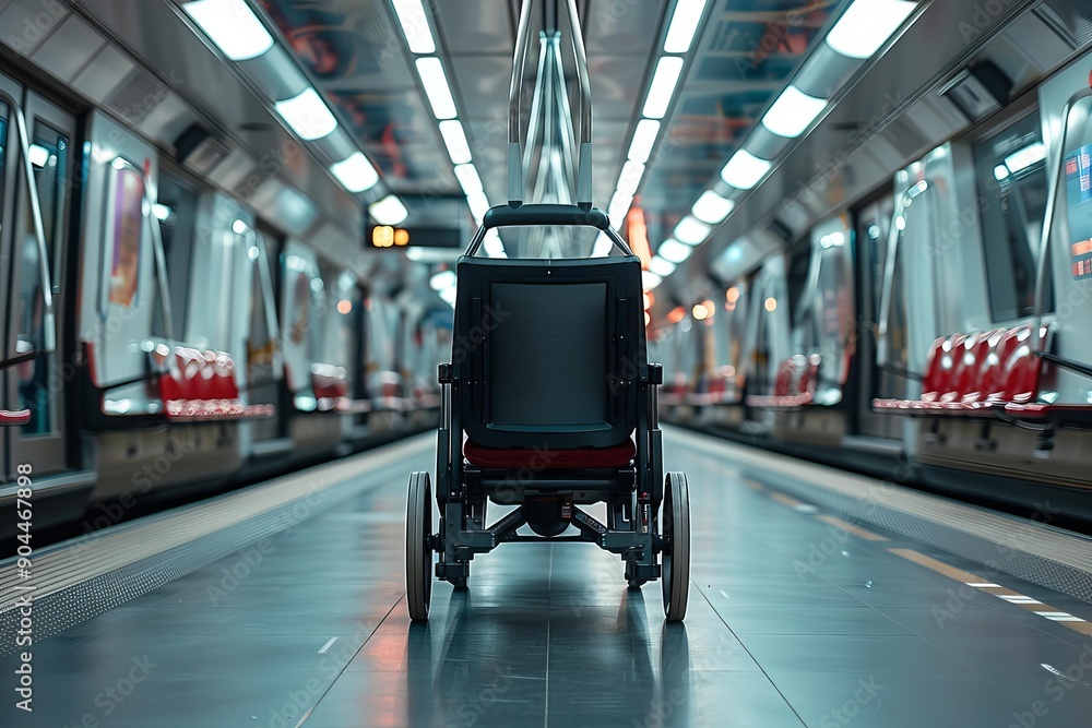 Wheelchair is waiting on an empty subway platform, highlighting the ...