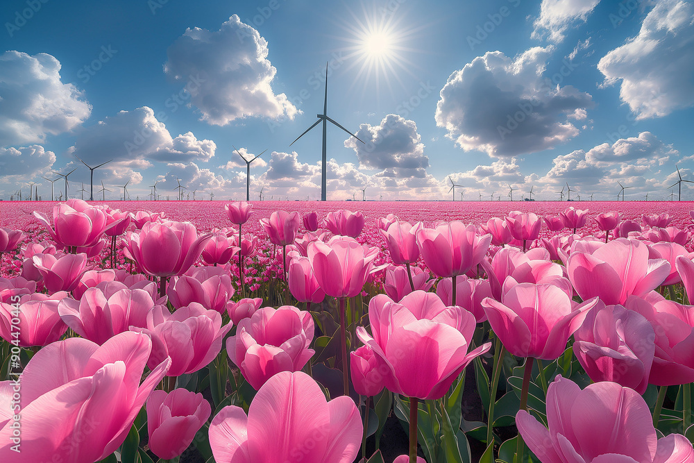 Expansive field of pink tulips with wind turbines under a sunny sky ...