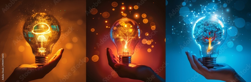Triad of Luminous Concepts: Glowing Hand, Tree Lightbulb, and Human ...