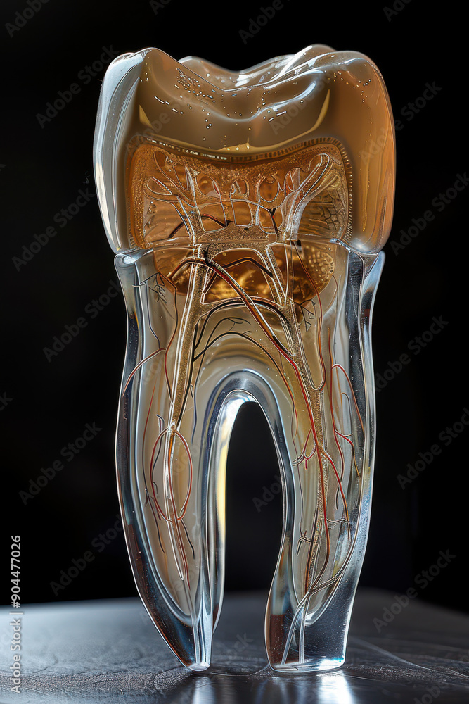 A tooth is shown in a glass case with its roots visible. Concept of ...
