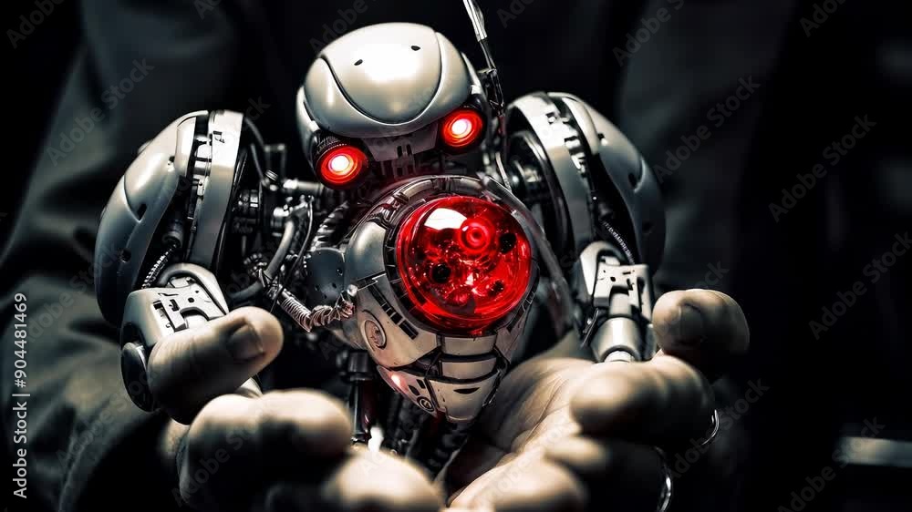 Small Robot With Glowing Core Held in Hands at Technology Exhibition. A ...