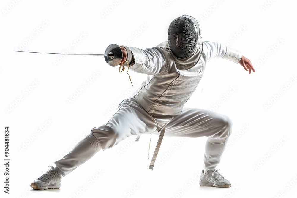 A fencer shows off a powerful, dynamic pose with a foil sword in full ...