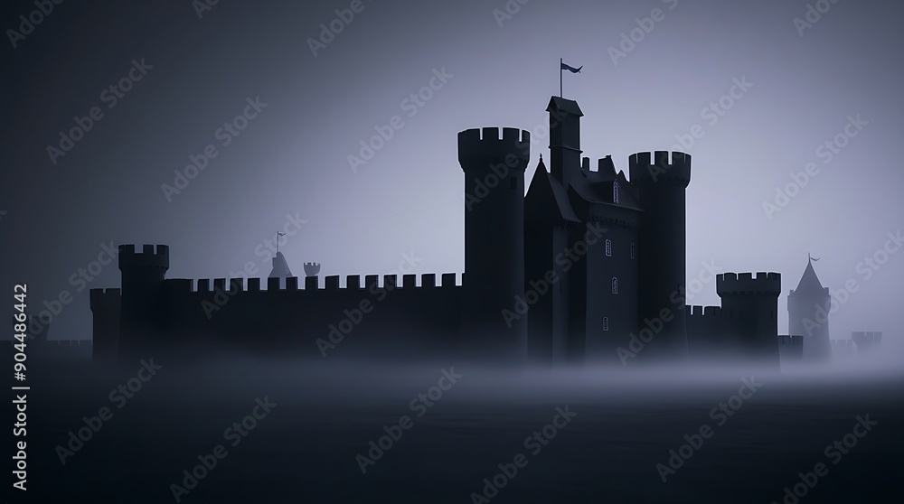 Dark, imposing castle shrouded in thick fog, flag atop central tower ...