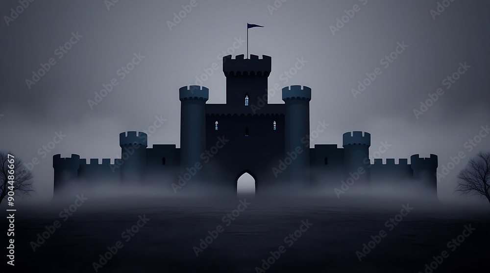 Dark, imposing castle shrouded in thick fog, flag atop central tower ...