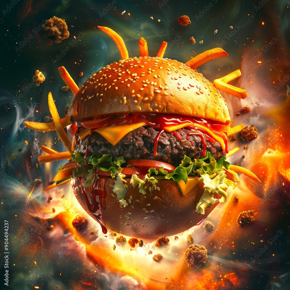 Creative explosion of a cheeseburger with flying ingredients in a fiery ...