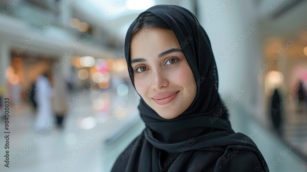 beautiful young smiling arab woman in black hijab in a shopping mall ...