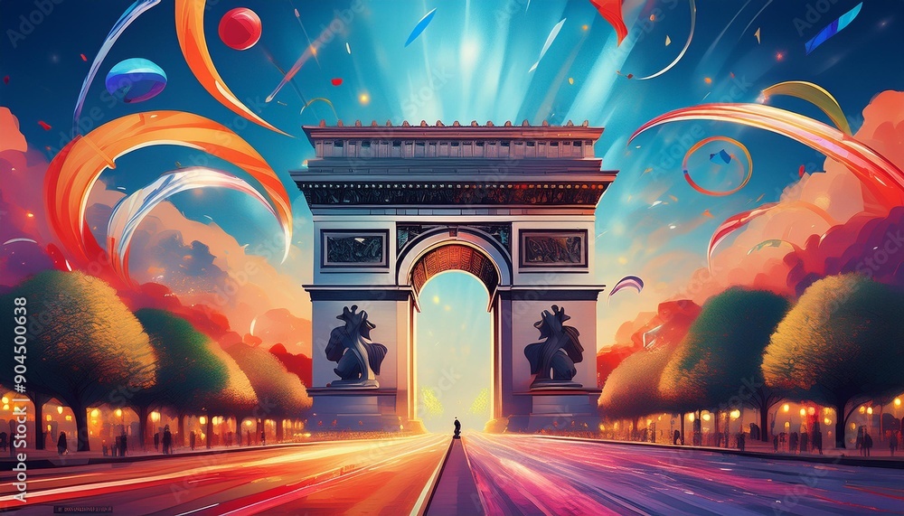 Eiffel Tower and Arc de Triomphe with Olympic decoration, giant Olympic ...