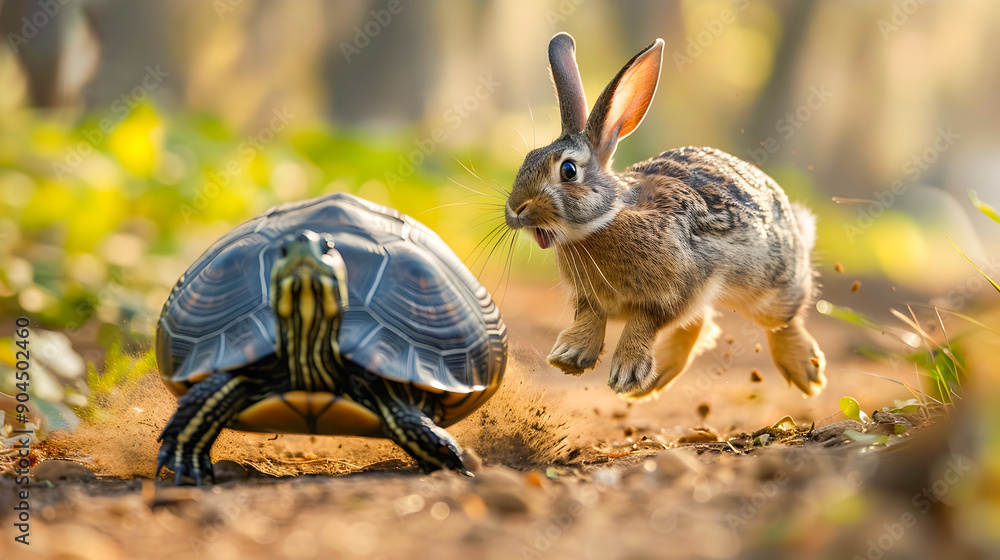 Adorable rabbit racing against slow and steady turtle in a dynamic ...