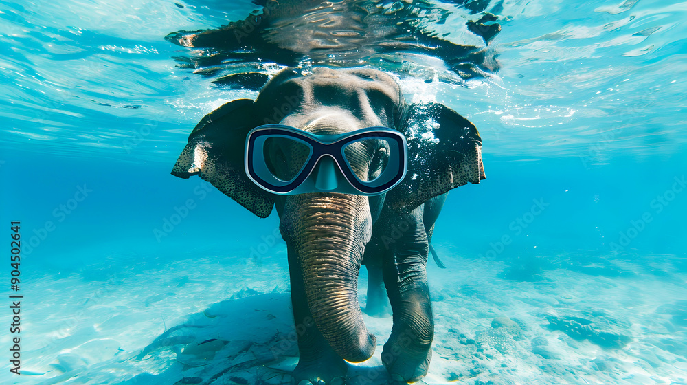 Majestic elephant with its large gray trunk swimming underwater while ...