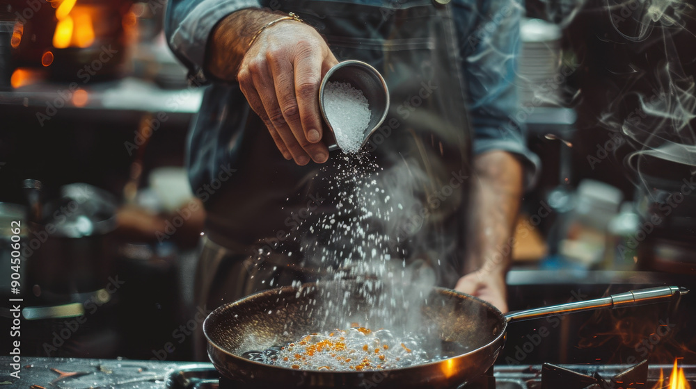 A chef is sprinkling salt into a pot of food. The scene is set in a ...