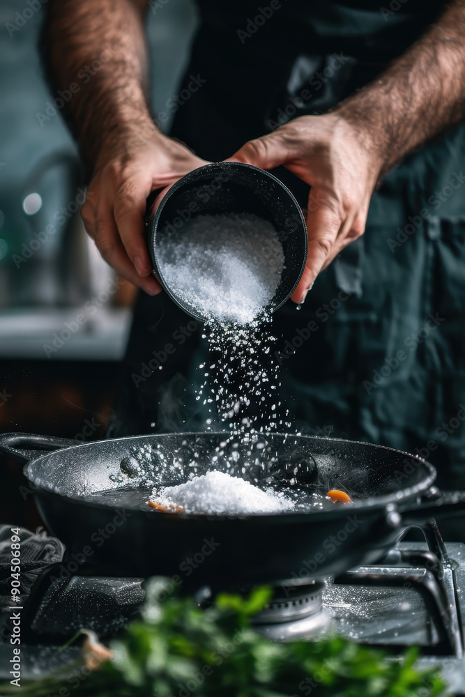 A chef is sprinkling salt into a pot of food. The scene is set in a ...