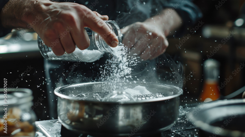A chef is sprinkling salt into a pot of food. The scene is set in a ...