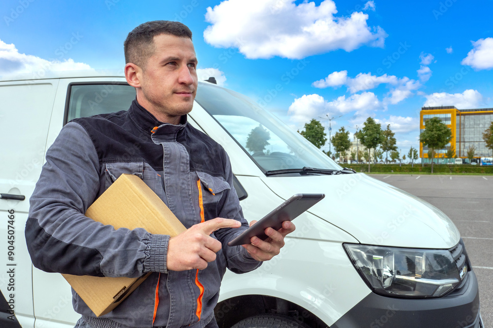 Delivery man smiles. Courier is holding tablet. Delivery man stands ...