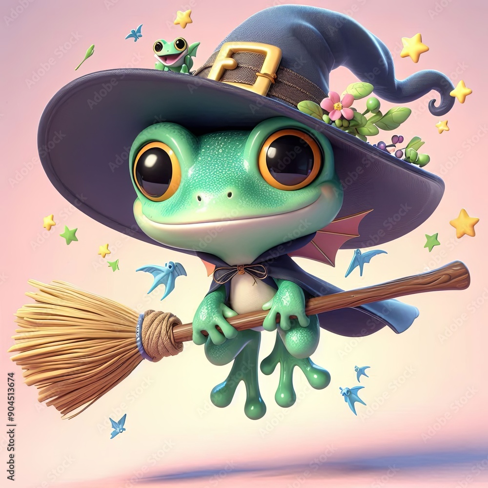 Cute Witch frog Flying With Magic Broom Cartoon , 3d Generative aI ...