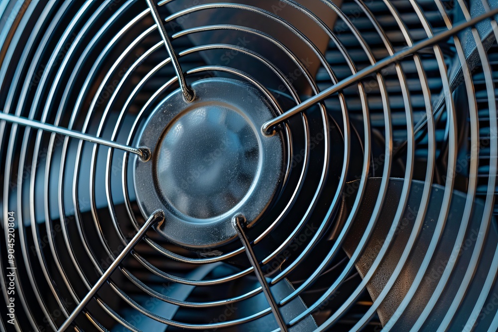 Macro photograph of a cooling fan showing the protective metal grill ...