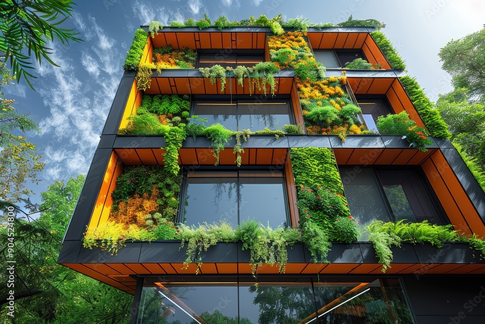 Residential building with lush plants adorning the facade, showcasing ...