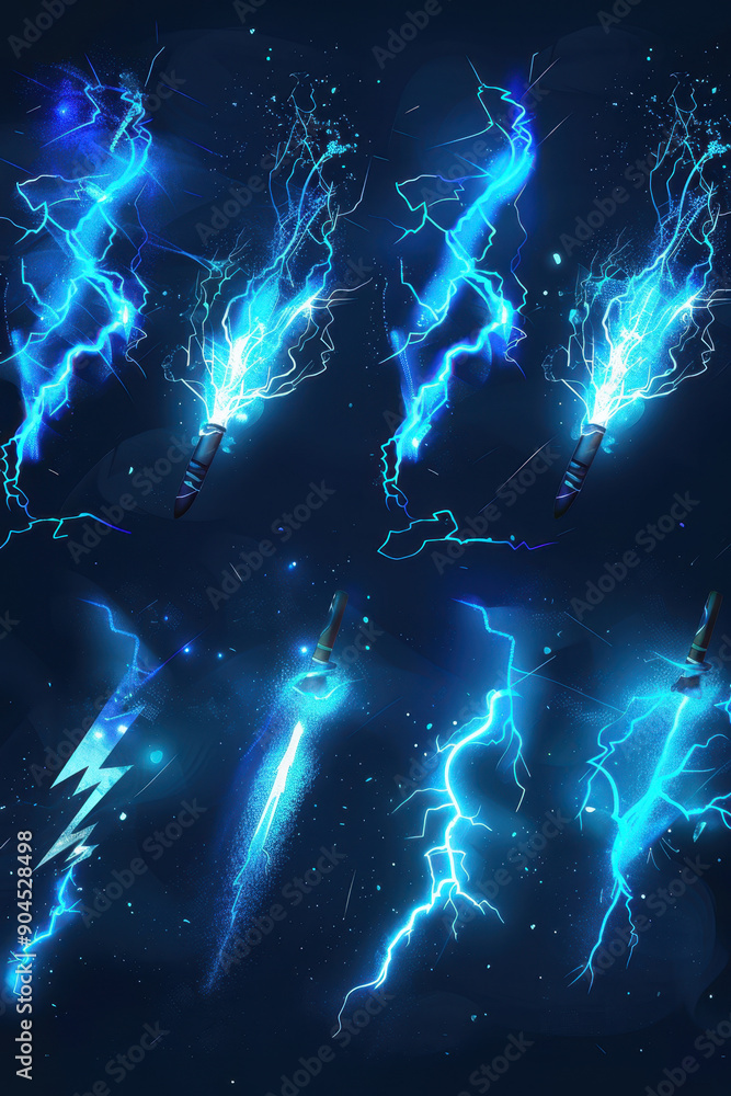 A series of blue sparks with one of them having a white dot in the ...