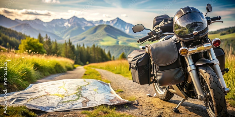 Motorcycle adventure gear and map ready for the open road , motorcycle ...