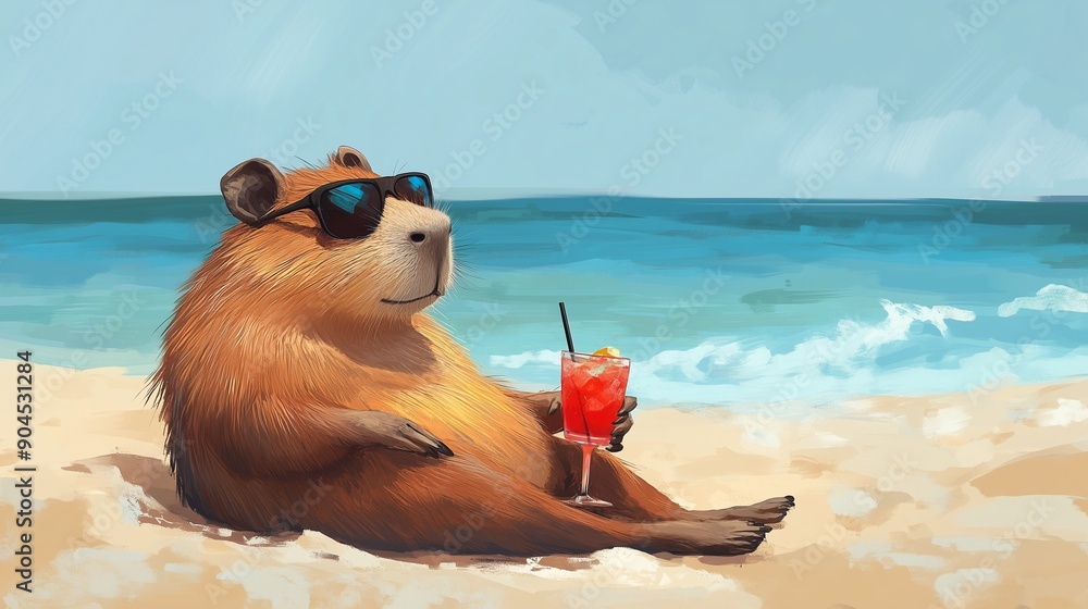 Funny cute capybara on vacation, swimming, sunbathing and drinking a ...