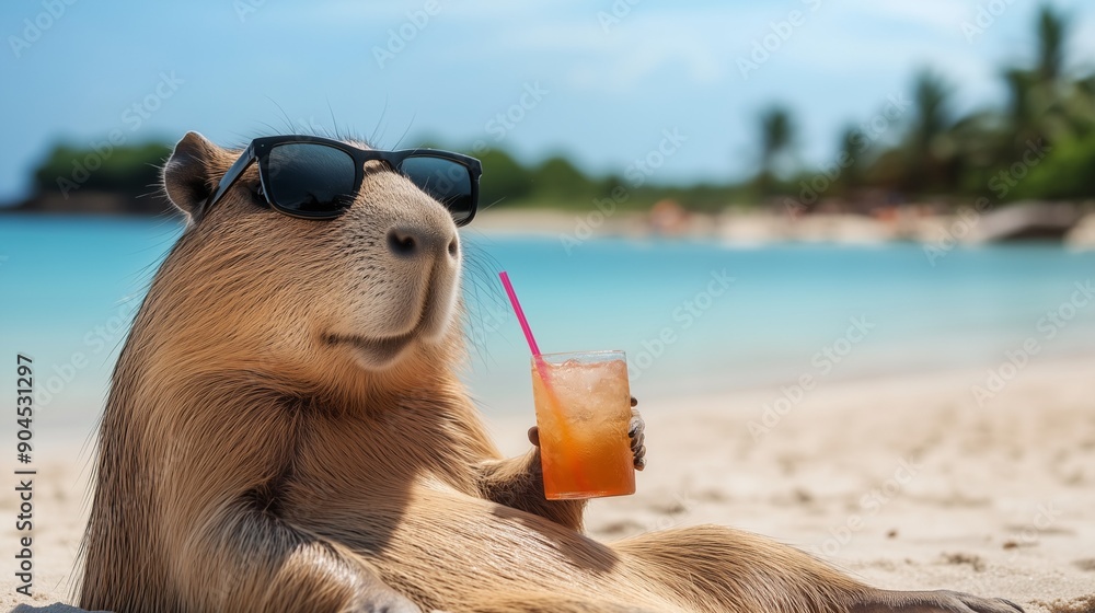Funny cute capybara on vacation, swimming, sunbathing and drinking a ...