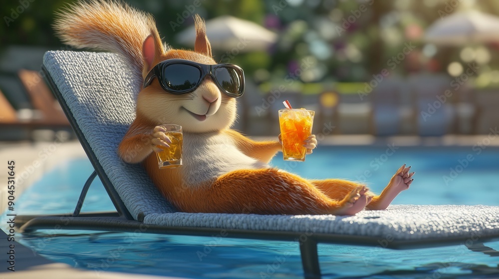 Squirrel on vacation. Cute funny cartoon squirrel sunbathes on a ...