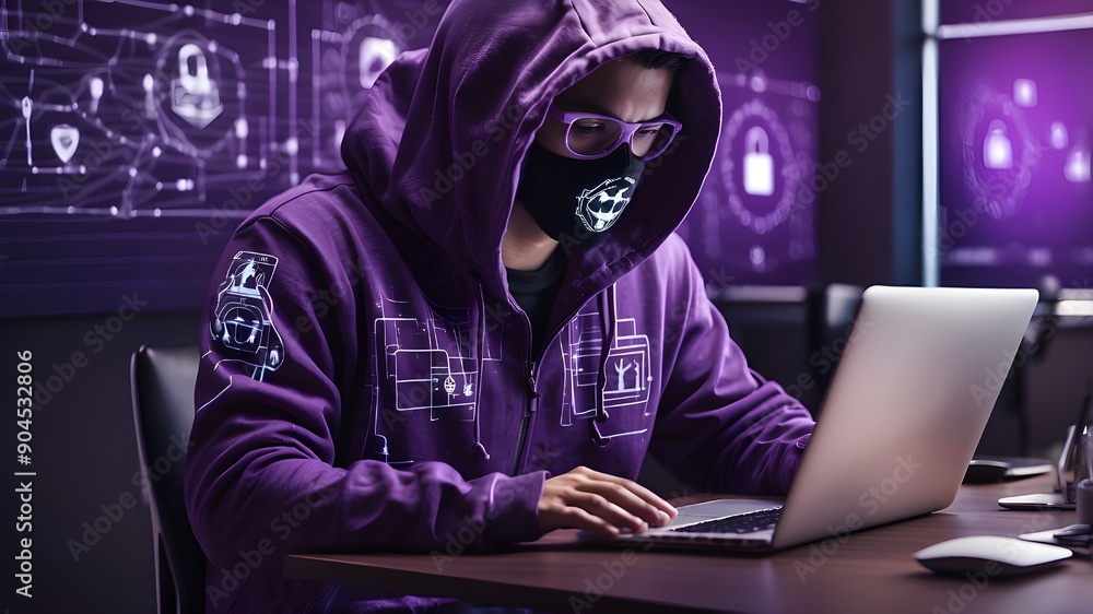 Hacker wearing a hoodie utilizing a laptop that is connected to digital ...