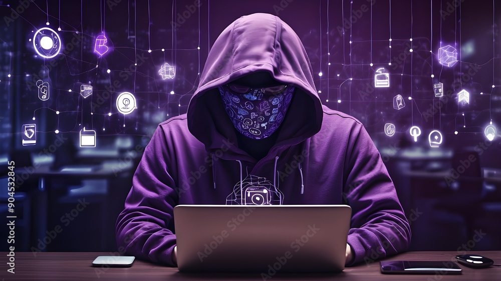 Hacker wearing a hoodie utilizing a laptop that is connected to digital ...