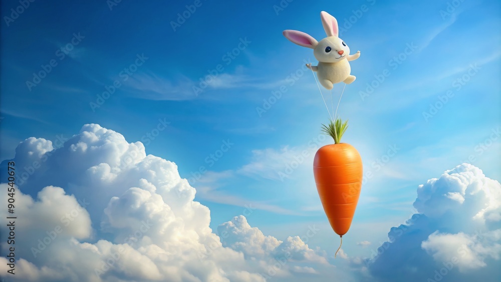 Carrot balloon floating in the sky with a cute rabbit holding onto it ...
