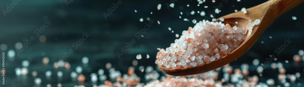 A spoonful of salt is on a table. The salt is in a pile and the spoon ...