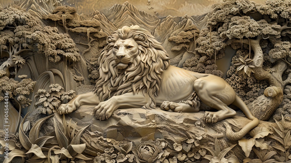 Lion lying down in a detailed carved landscape with trees and rocks ...