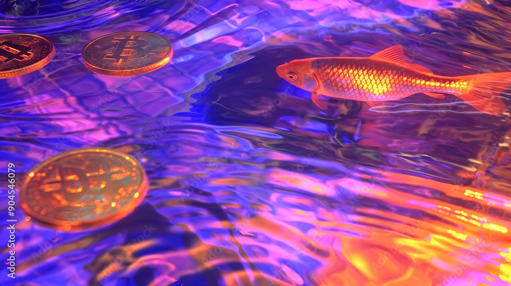 Neon Vibrant Gold Fish in a pool filled with gold coins, bioluminescent ...