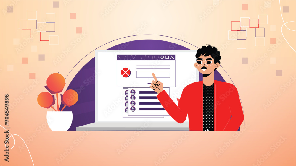 An illustrated scene featuring a character pointing to a large error ...