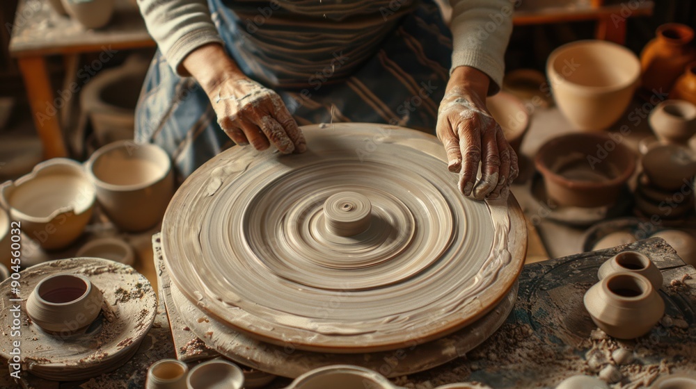 Intimate craft of potter hands molding clay, tactile process of shaping ...