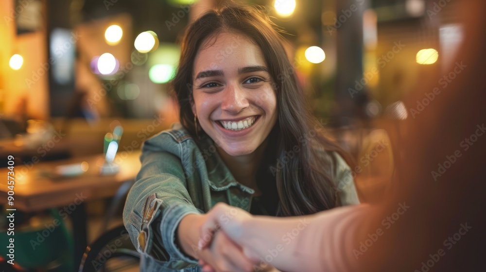 In a warm, cozy coffee setting, the young woman smiles and shakes hands ...