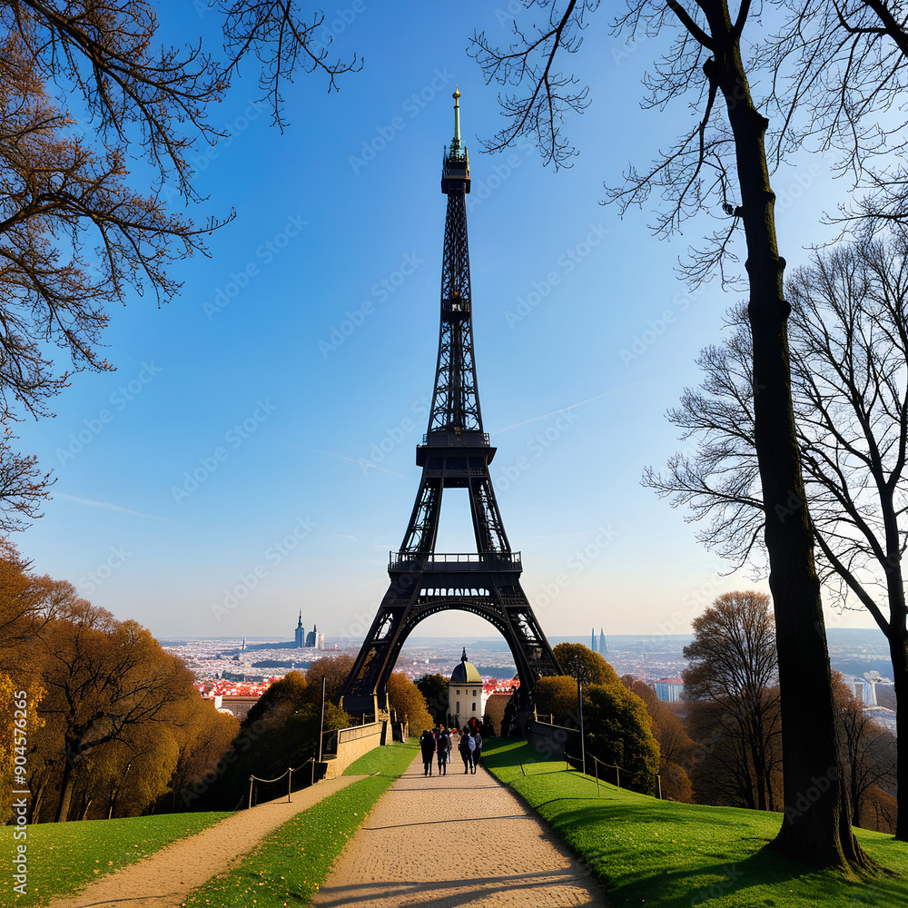 Petrin lookout steel framework tower built in 1891, resembling small Eiffel Tower, on Petrin ...