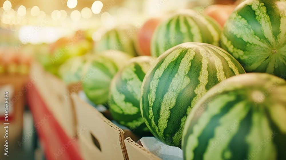 Close-up of watermelons on display in an outdoor market setting ...