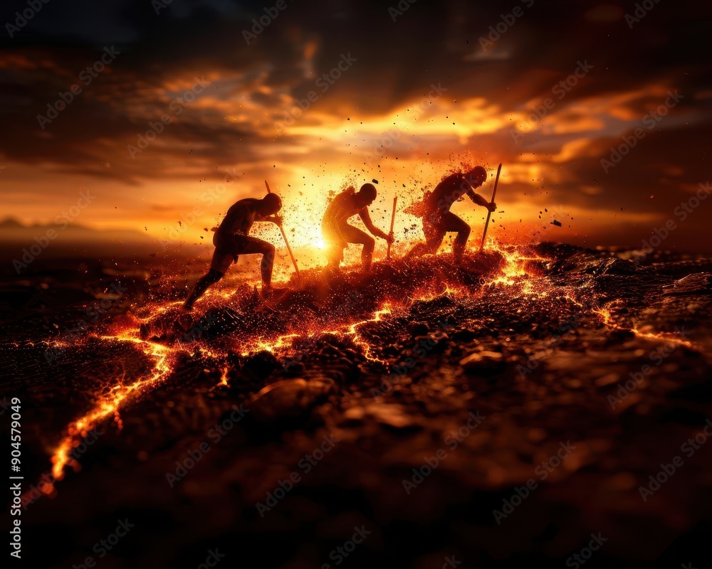 Early humans creating cave paintings by firelight, Historical, Warm ...
