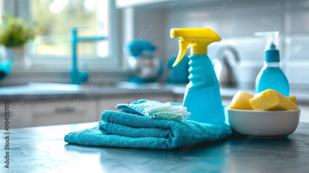 Cleaning home table sanitizing kitchen table surface with disinfectant ...