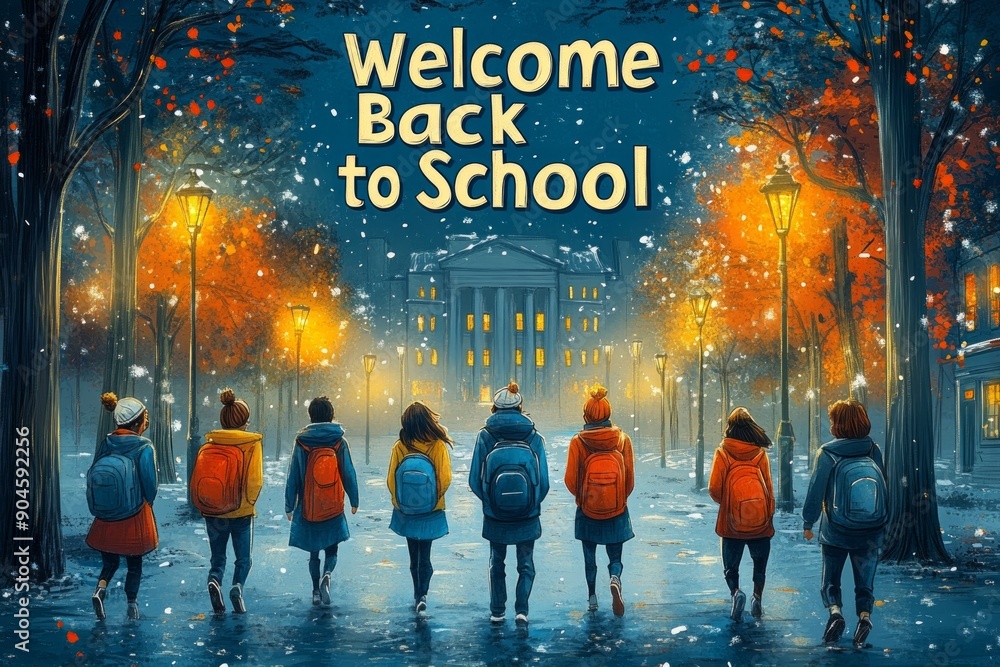 Back to school concept illustration students walking to school together ...