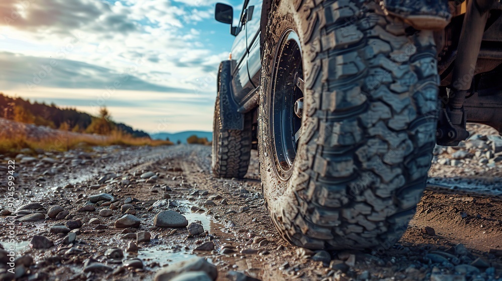Close-up of a black off-road truck with large all-terrain tires on a ...