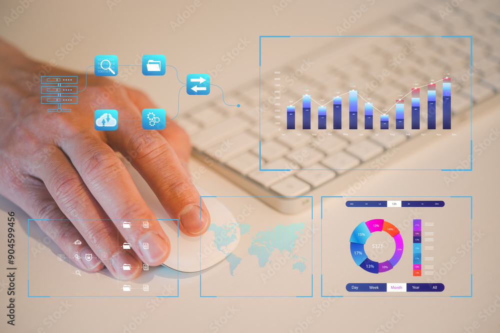 An analyst uses mouse and keyboard dashboard for data business analysis ...