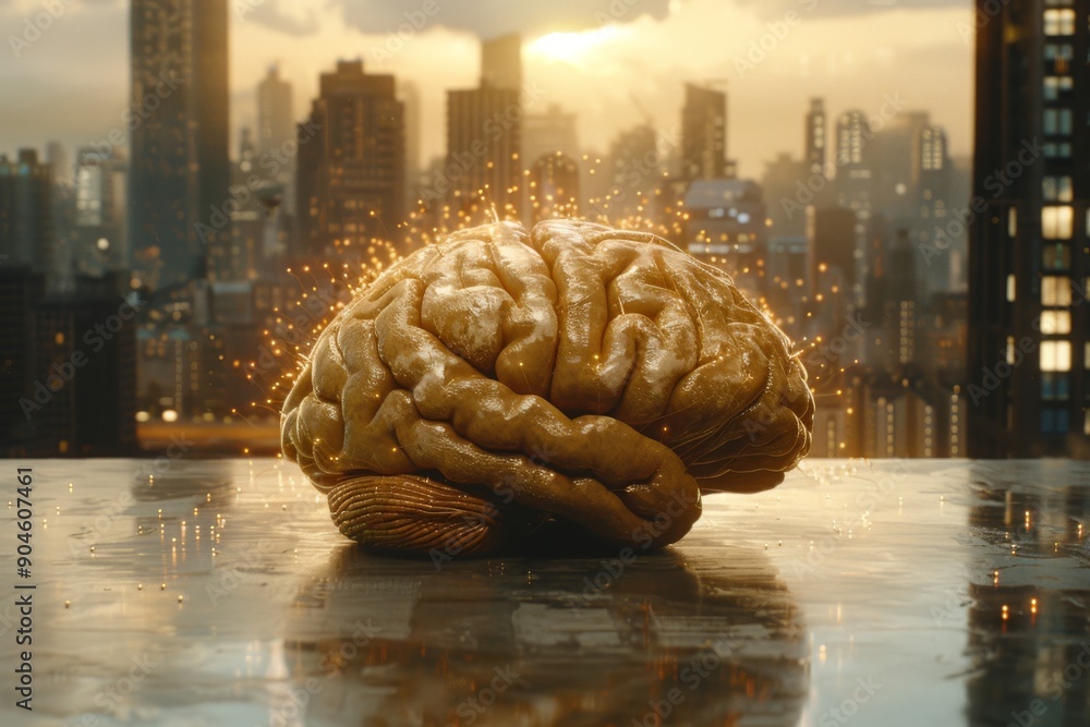 Brain model on rooftop with cityscape background, urban setting ...