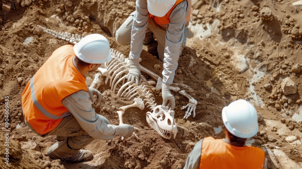 Archaeologists unearthing a dinosaur skeleton at an excavation site ...