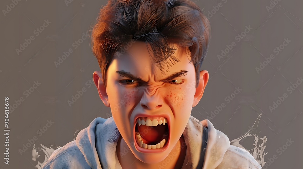 Intense 3D illustration of an angry teenage boy screaming, isolated on ...