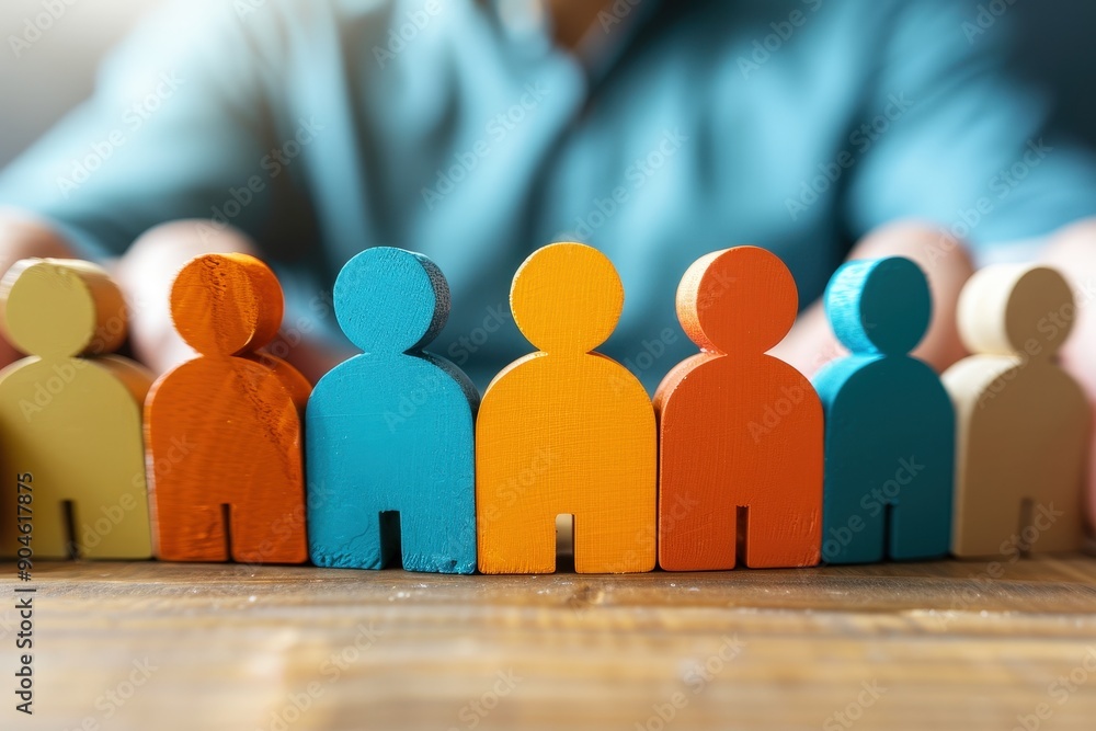 Colorful Unity: Wooden figures in diverse hues stand shoulder-to ...