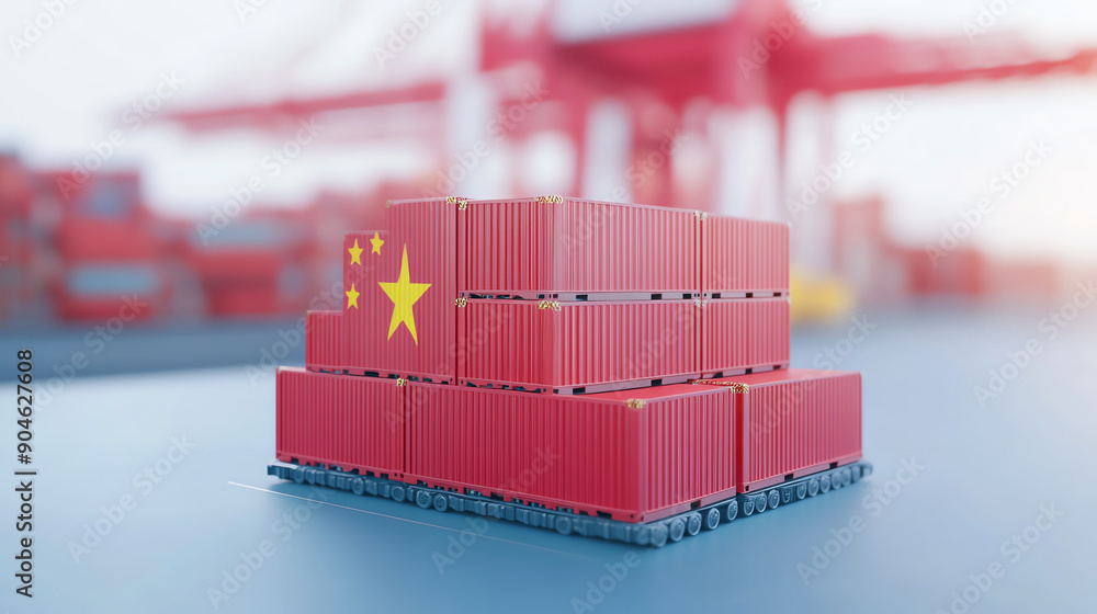 Red shipping containers marked with the Chinese flag, symbolizing ...