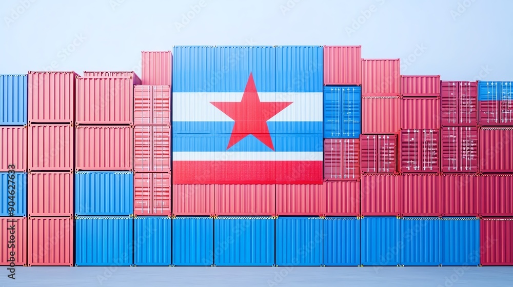 Container Wall Displaying North Korean Flag, colorful shipping ...