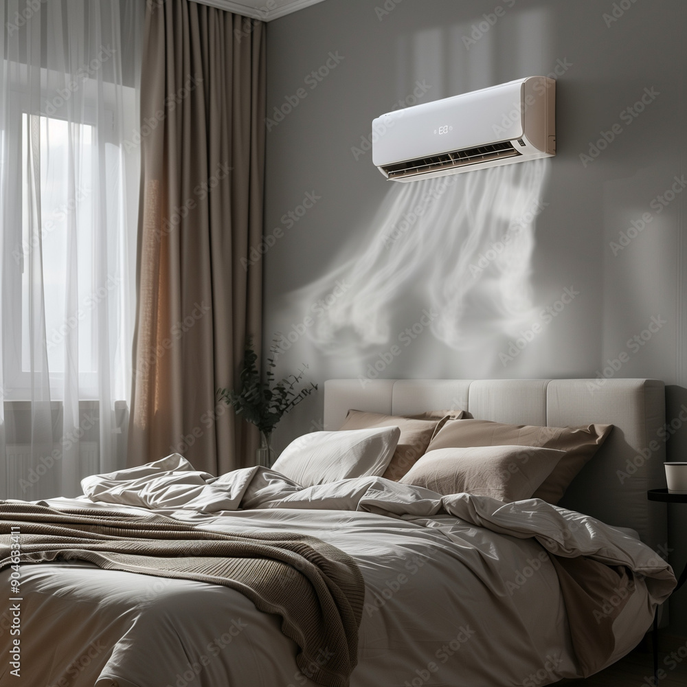 Cold air coming out of a white conditioner hanging on the bedroom wall ...