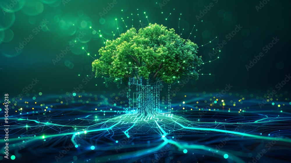 Symbolic tree with digital roots and branches representing knowledge ...